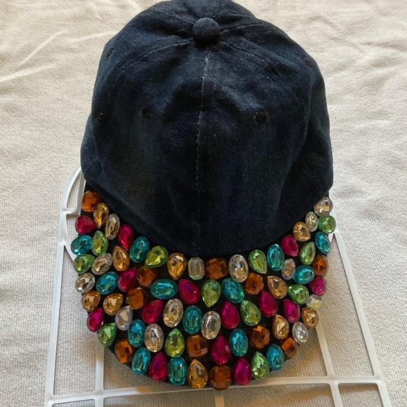 Accessories | Embellished Black Cap With Colorful Gems | Poshmark